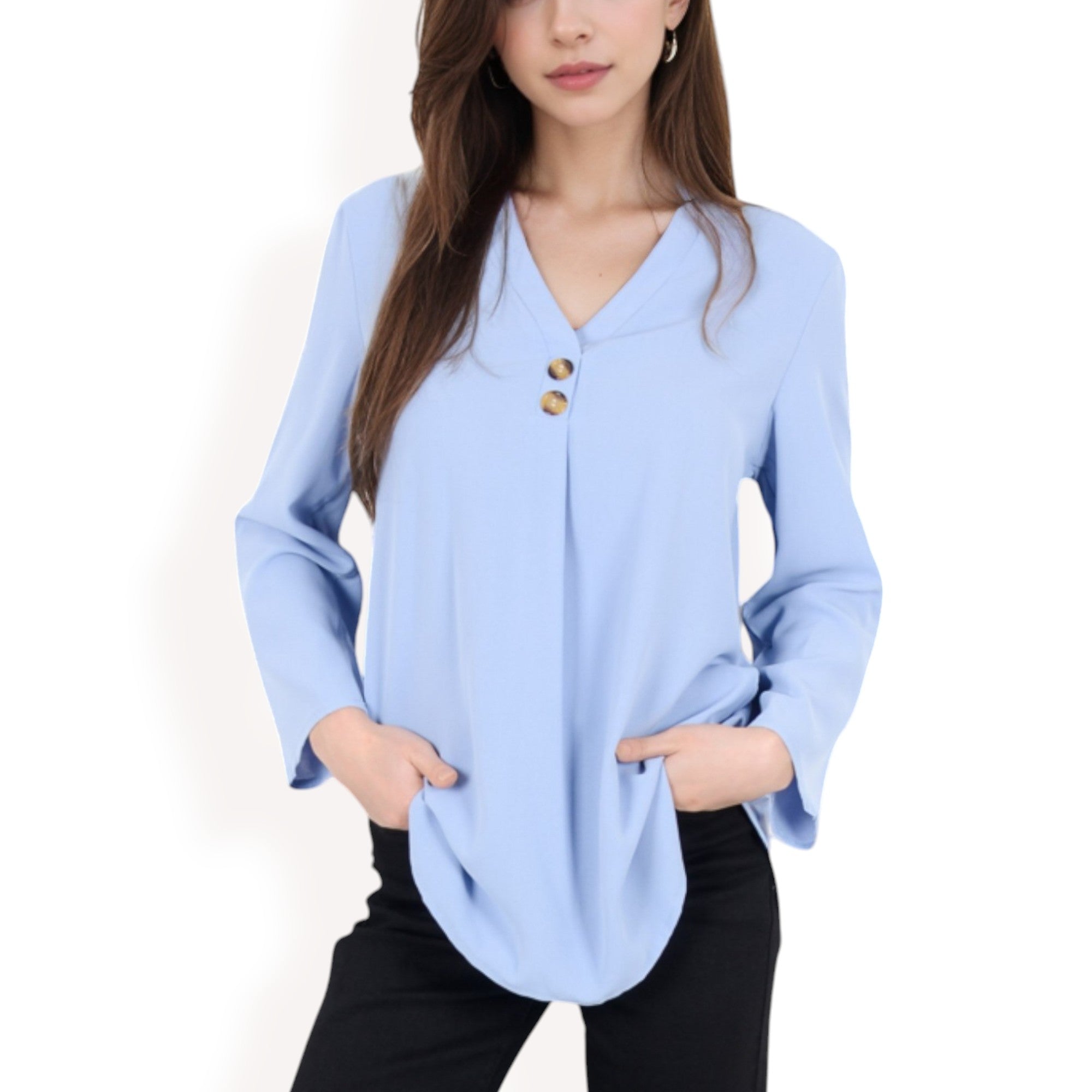 Women's V-Neck Blouse with Button Detail and Rolled Sleeves – Anna-Kaci ...