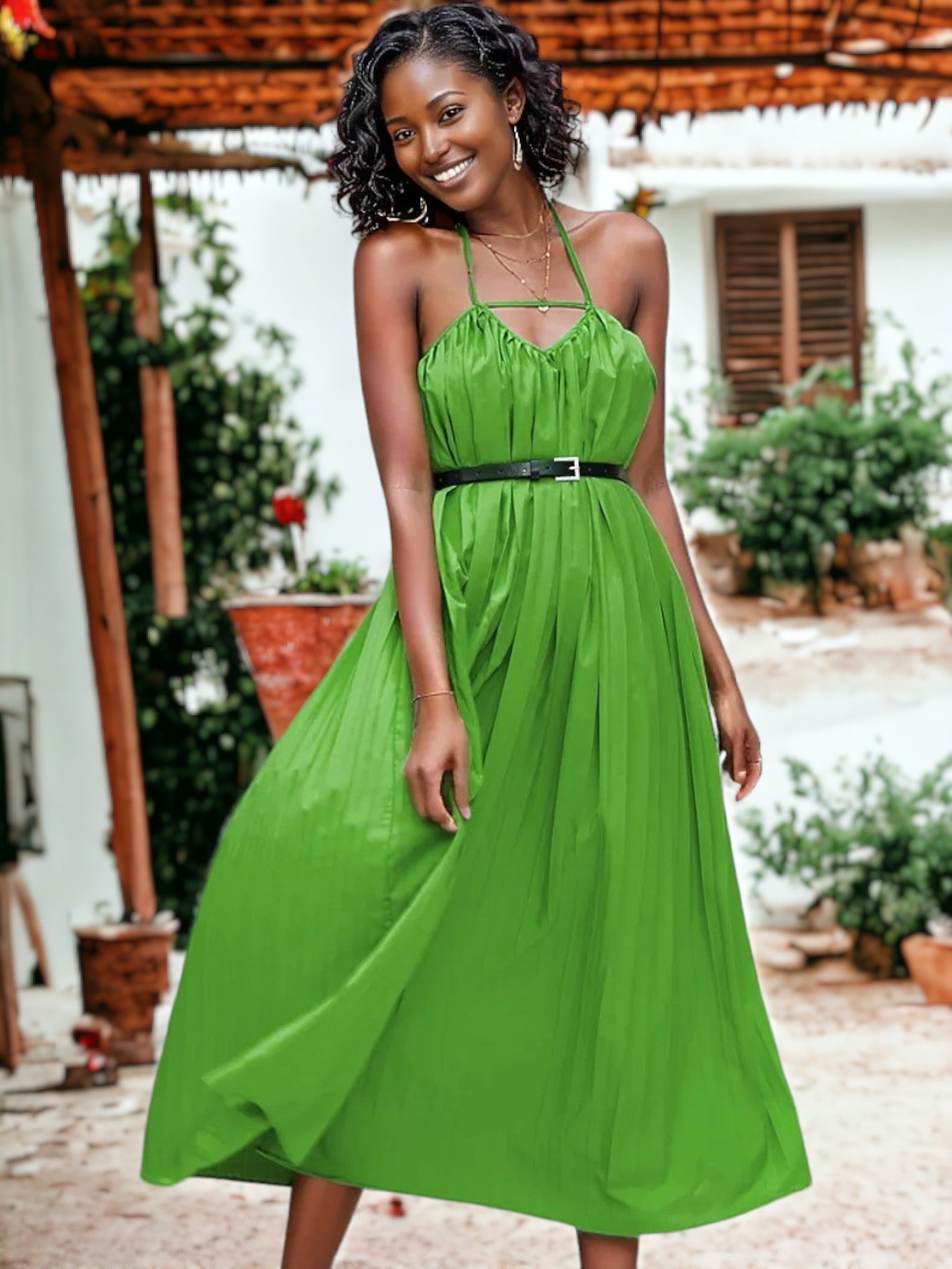 Solid Color V Strap Front Pleated Midi Dress Mid-Calf Length – Anna ...