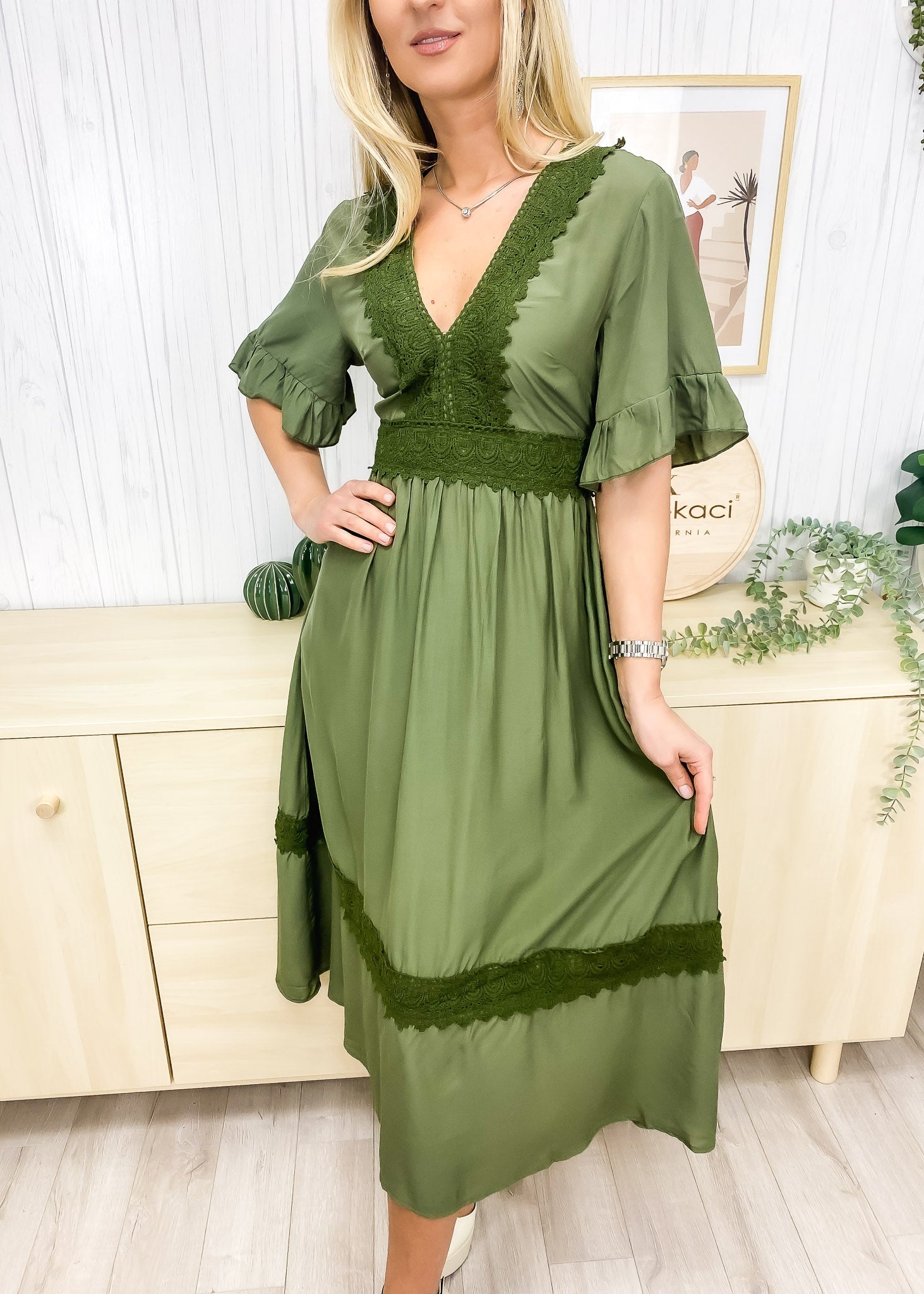 Solid Color Plunge Neck Lace Trim Dress for Women Mid-Calf Length ...