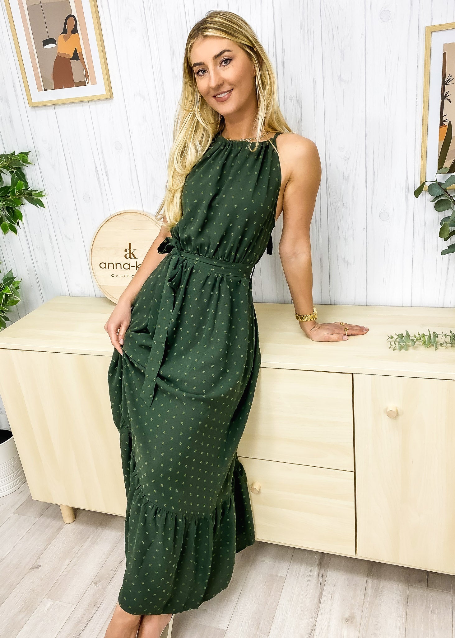 Halter Neck Swiss Dot Tie Waist Maxi Dress for Women Ankle Length ...