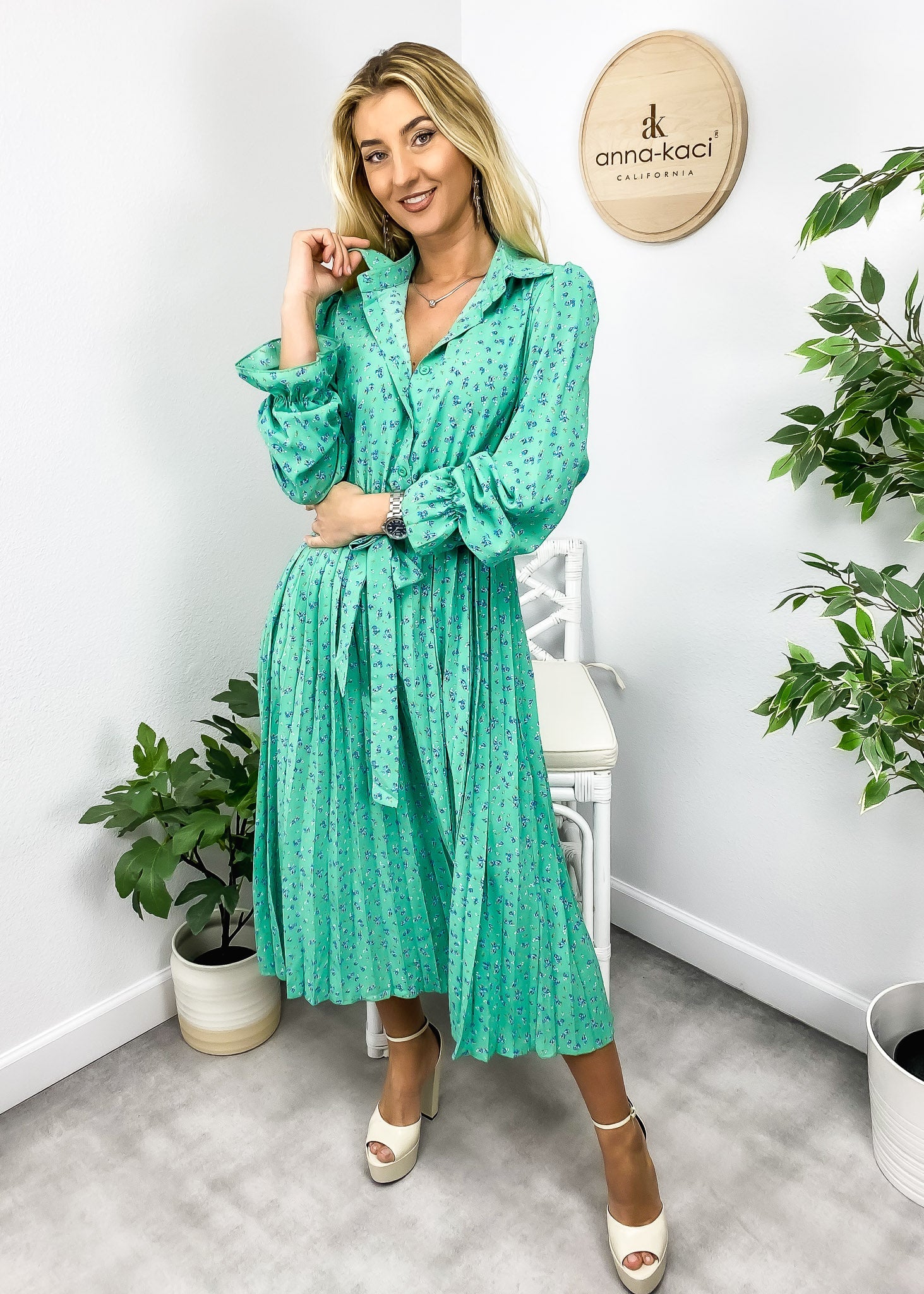 Floral Print Collared Long Sleeve Pleated Dress Mid-Calf Length – Anna ...