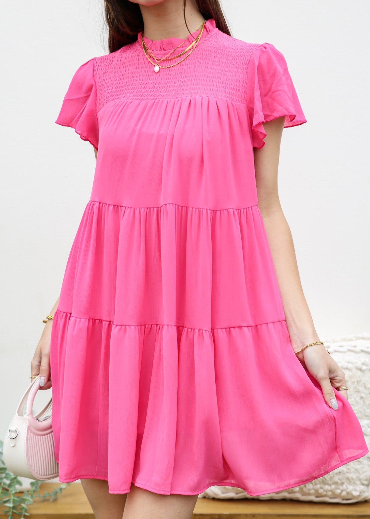 Solid Color Shirred High Neck Tiered Dress Above Knee Length – Anna ...